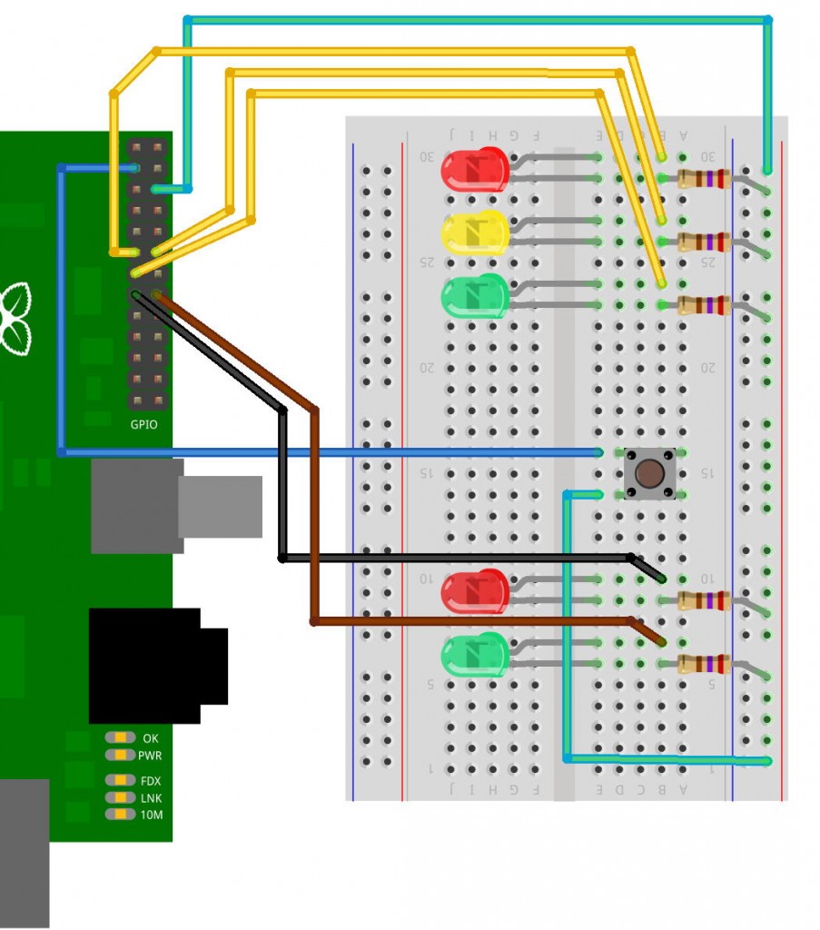 Rasberry Pi | GPIO Examples 3: More LEDs and a Button | Gordons Projects